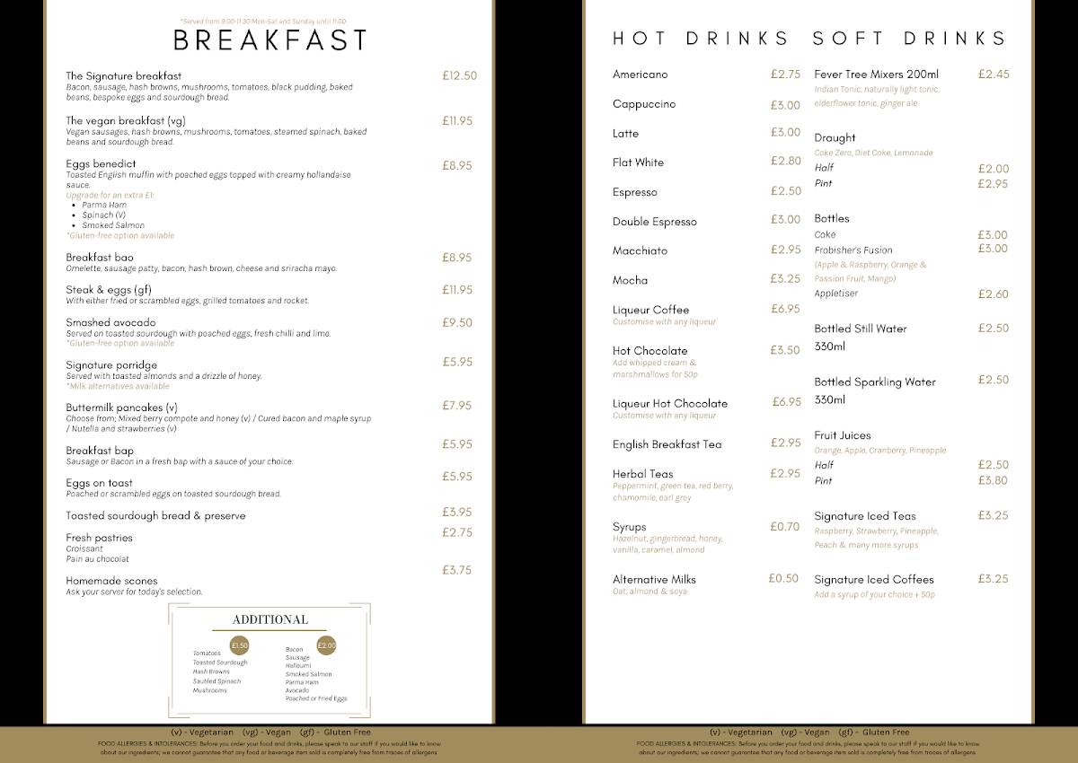 Menu at Signature Lounge restaurant, Whitley Bay