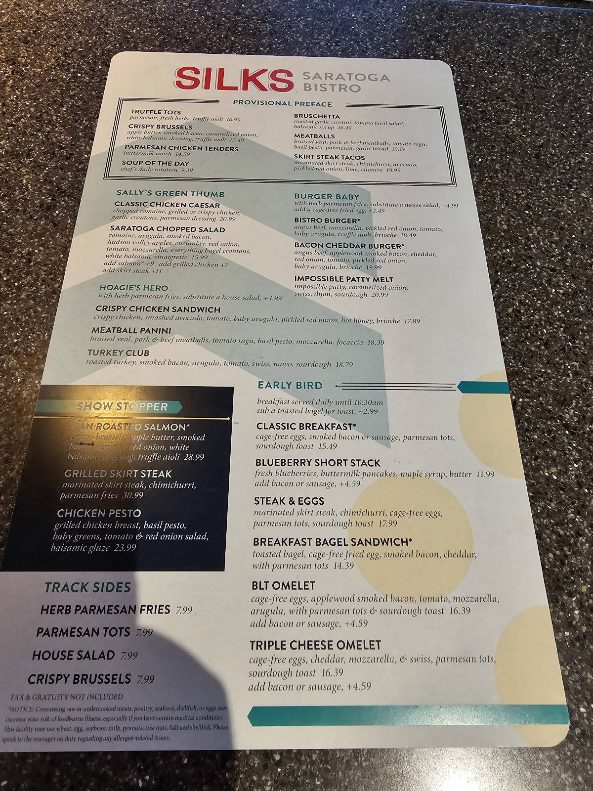 Menu at Silks Saratoga Bistro restaurant, Latham