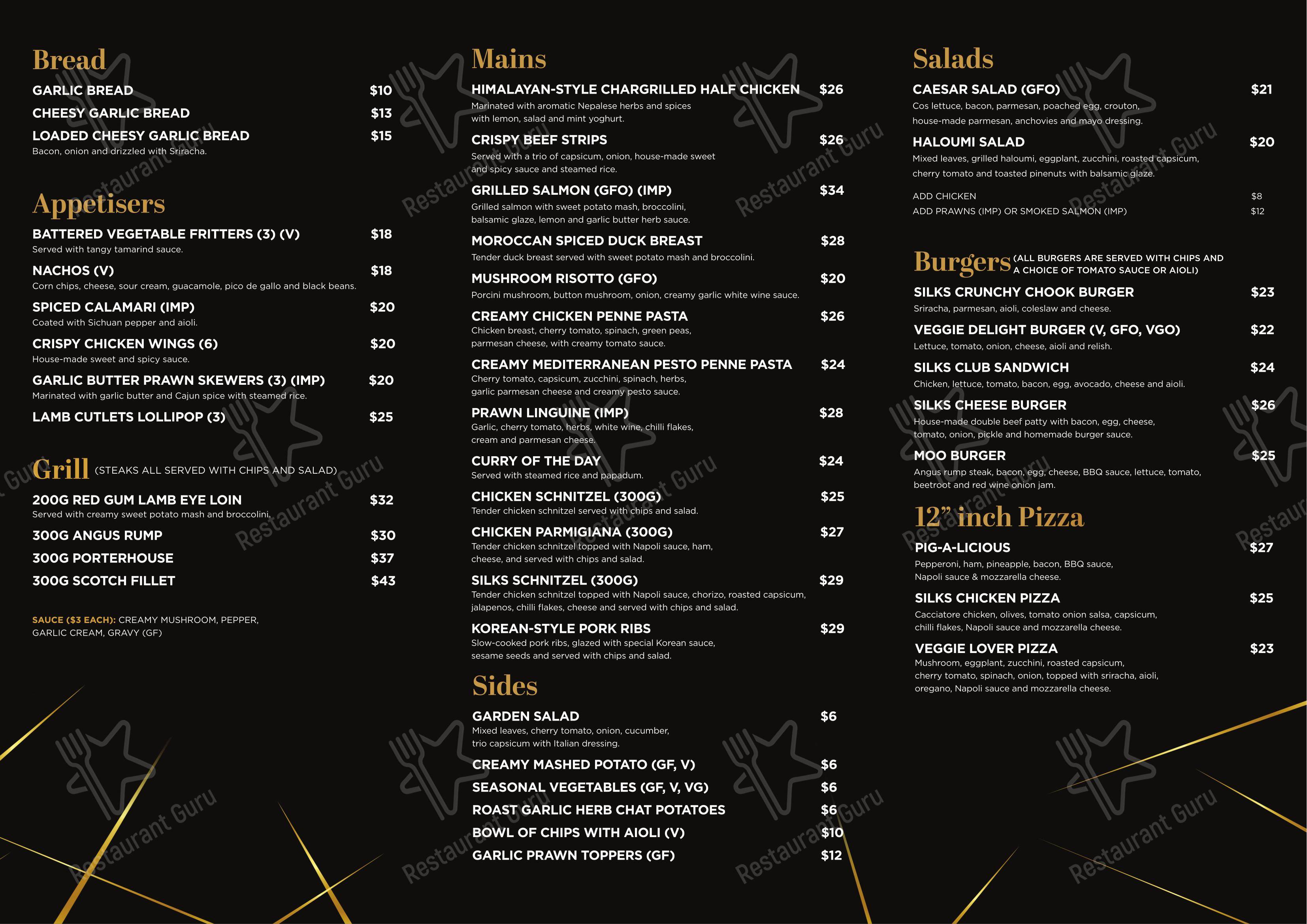 Menu at Silks restaurant, Fannie Bay