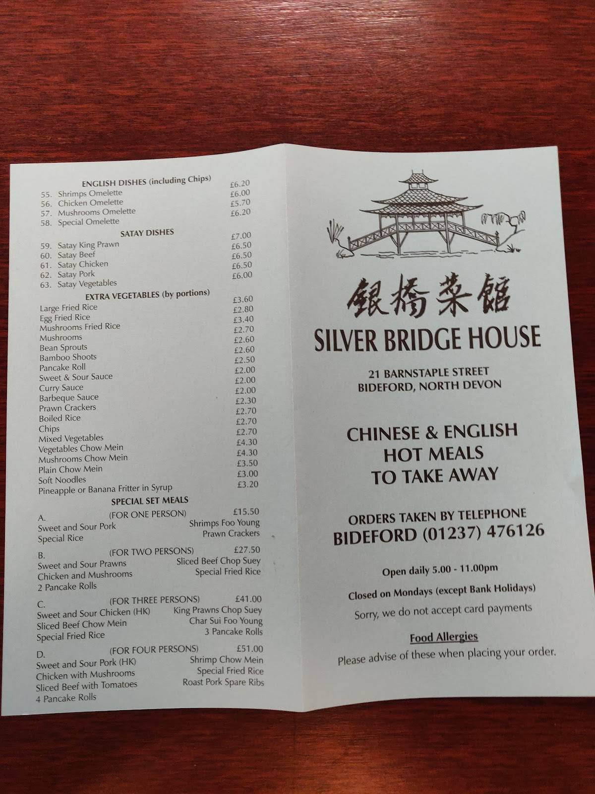 Menu at Silver Bridge House fast food, Bideford