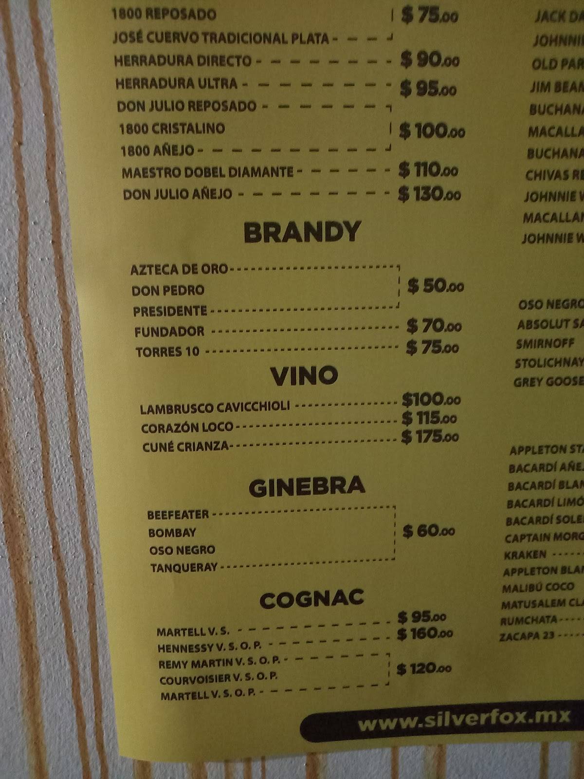 Menu at Silver Fox Classic pub & bar, Ciudad Juarez