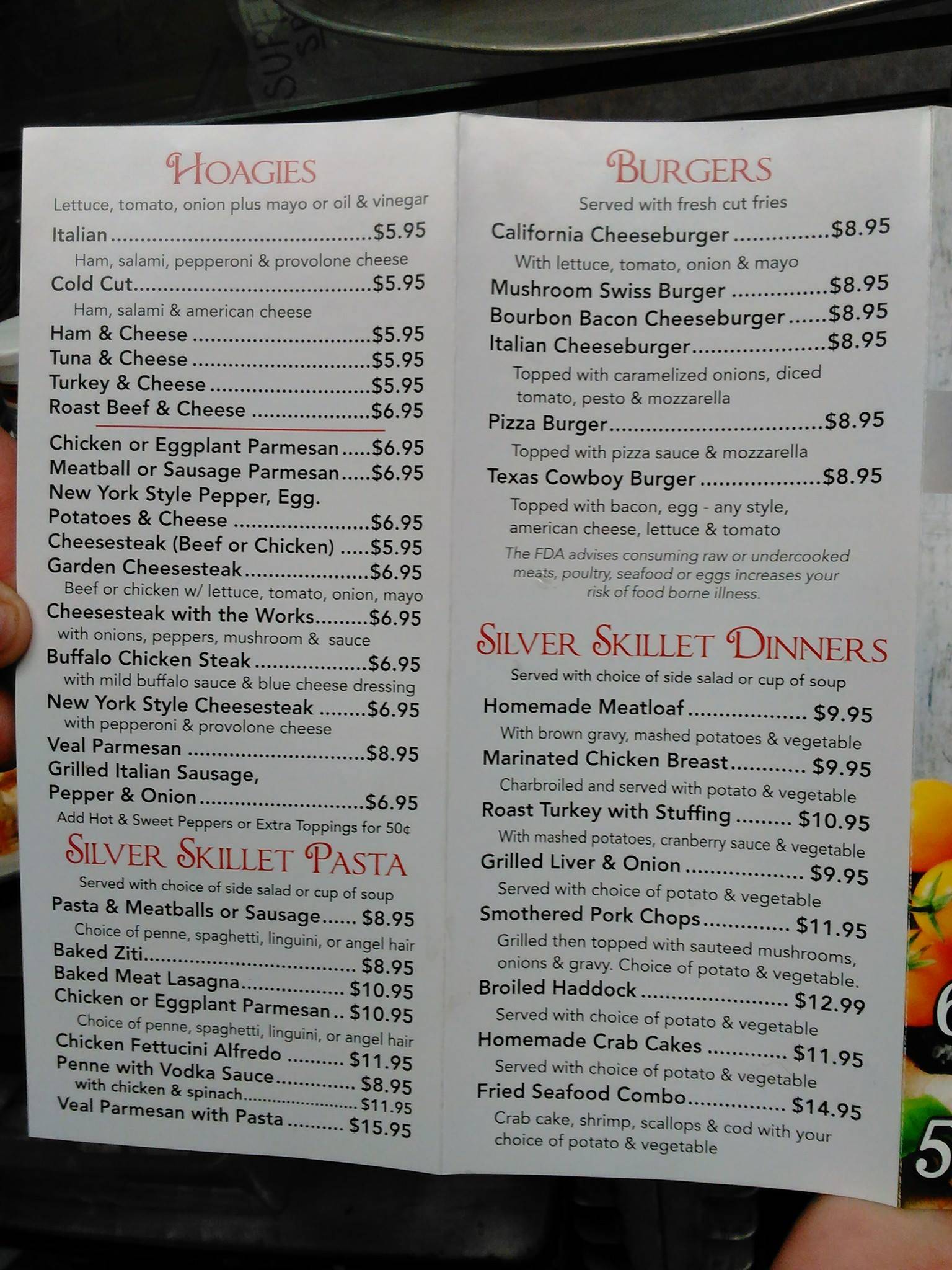 Menu at Silver Skillet pizzeria, Hazleton
