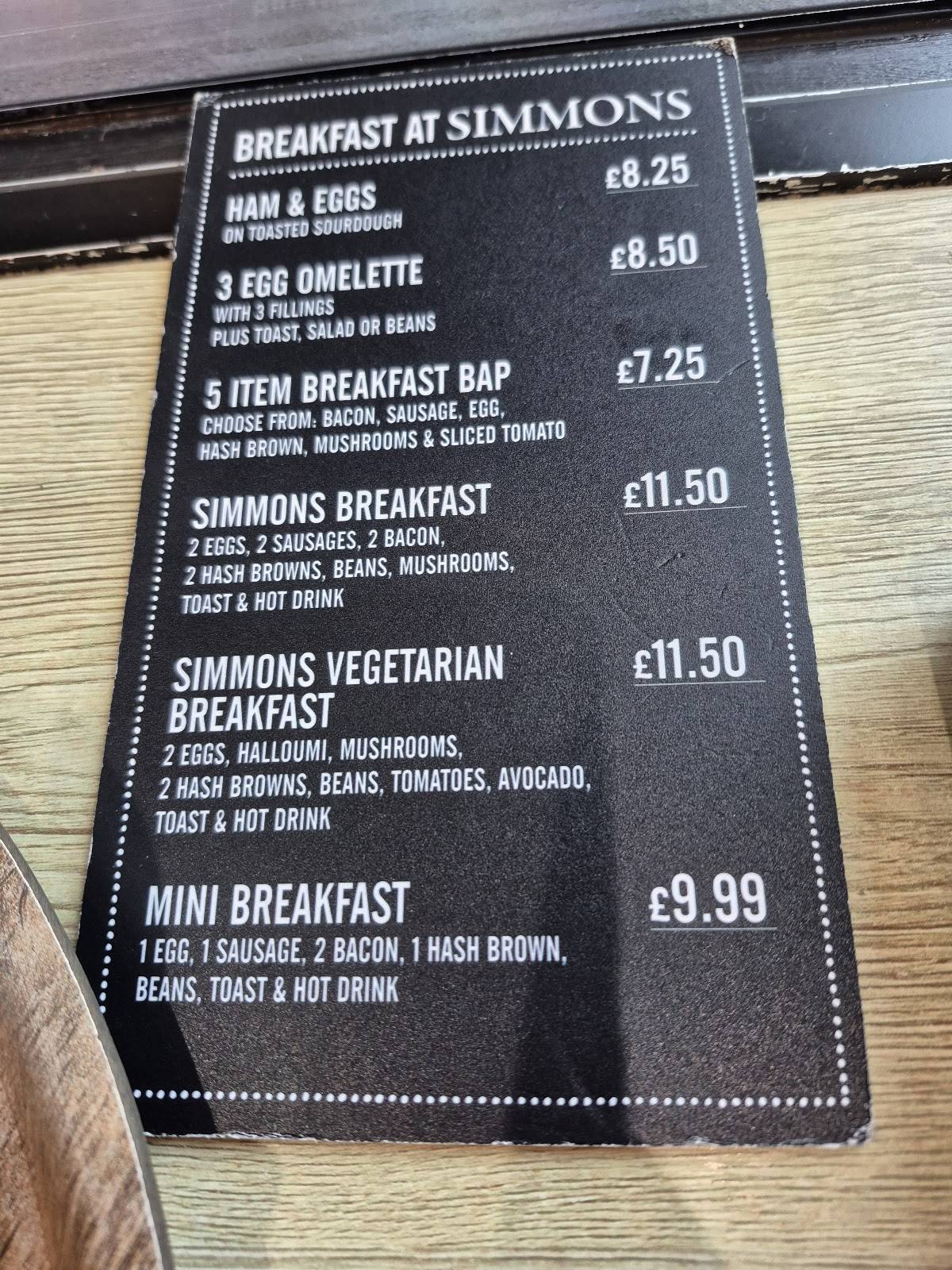 Menu at Simmons Bakers cafe, Letchworth Garden City