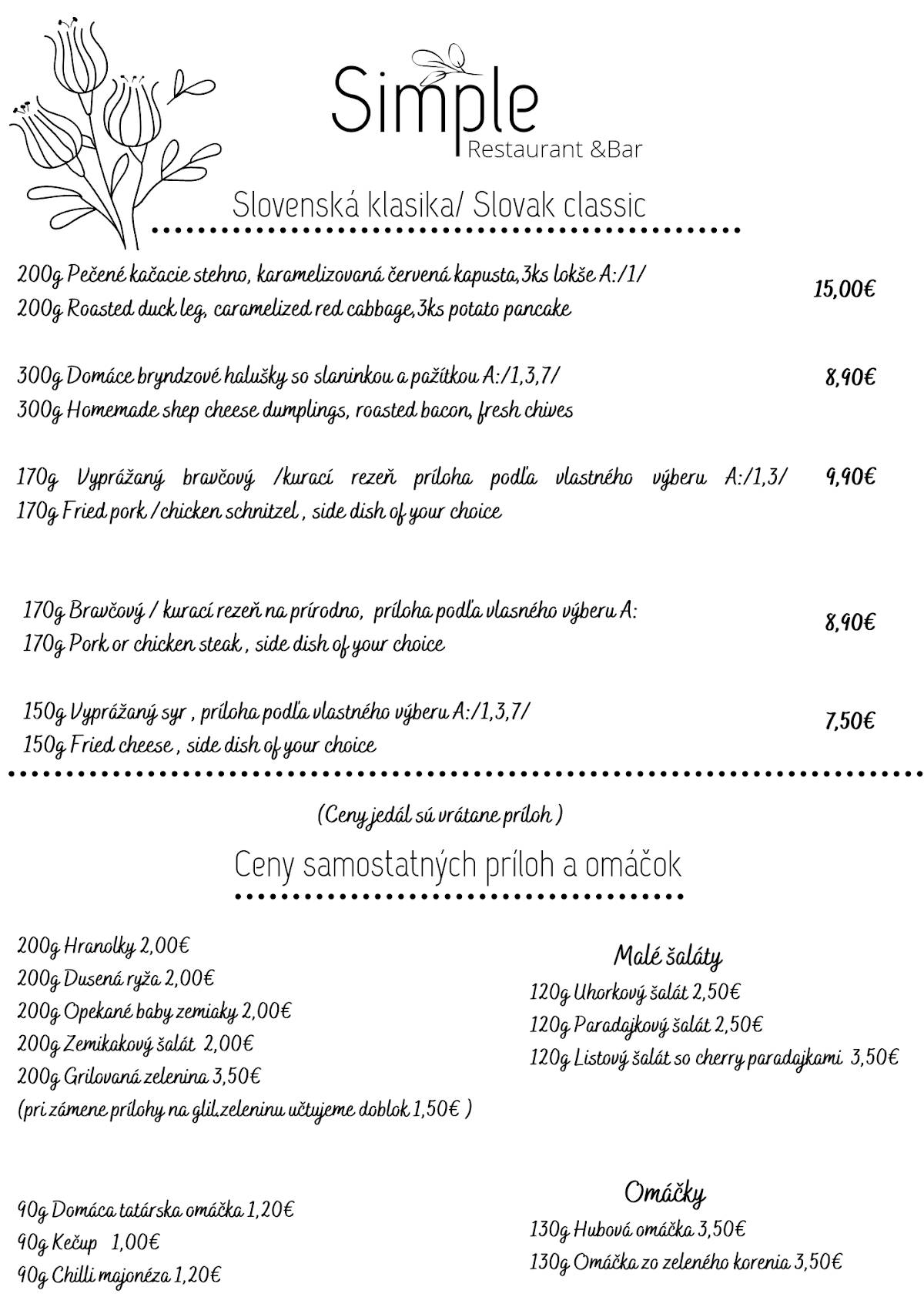 Menu at Simple Restaurant & Bar, Pezinok