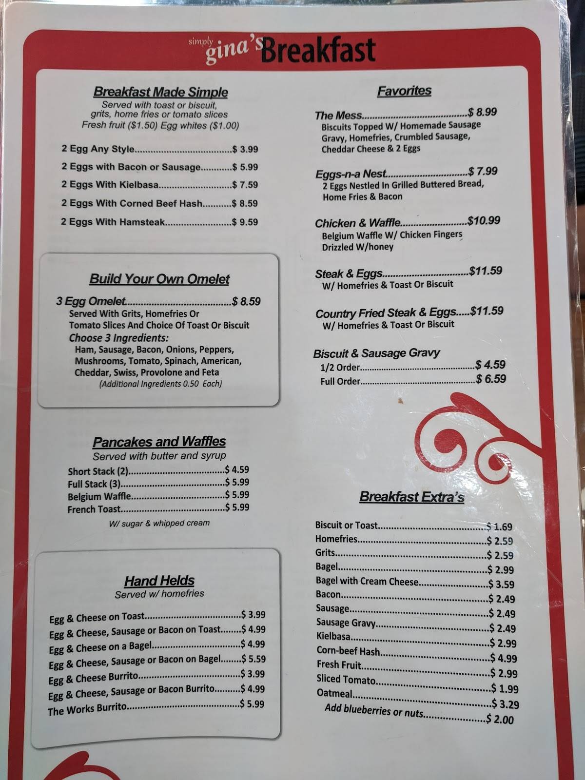 Menu at Simply Gina's restaurant, Holly Hill