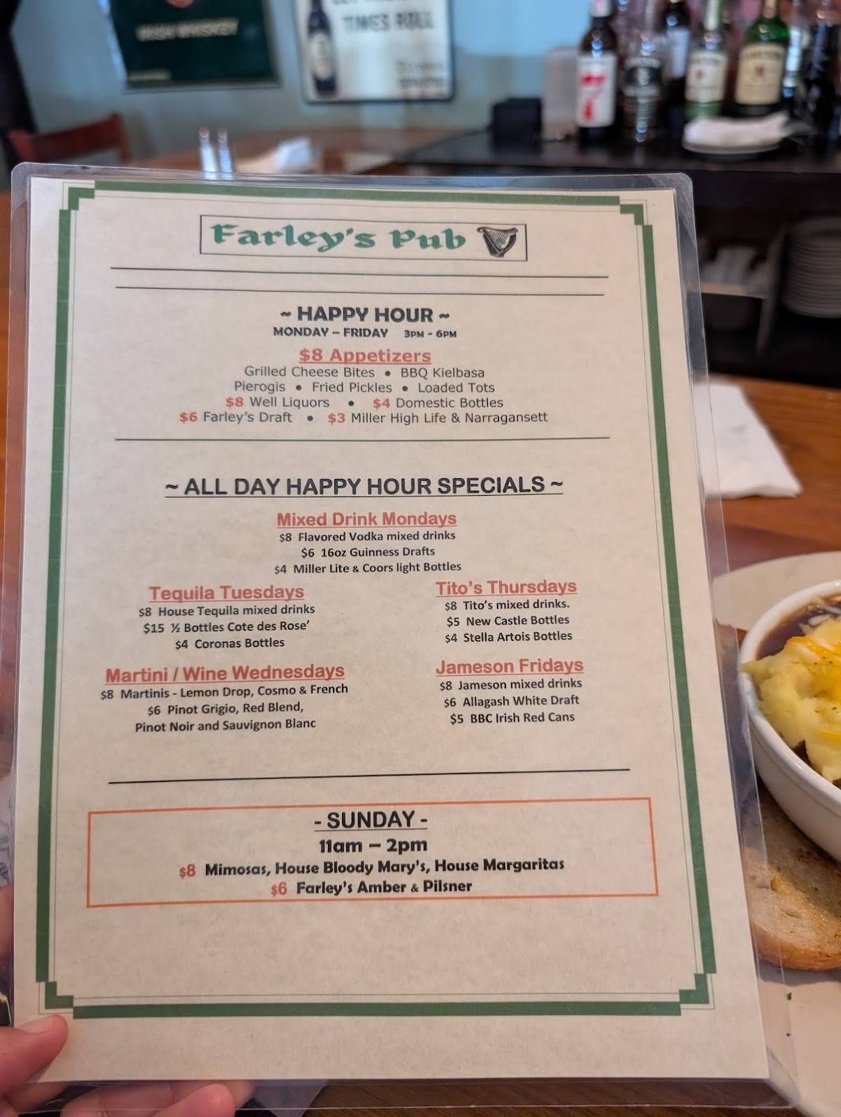 Menu at Farley's Pub, Simsbury