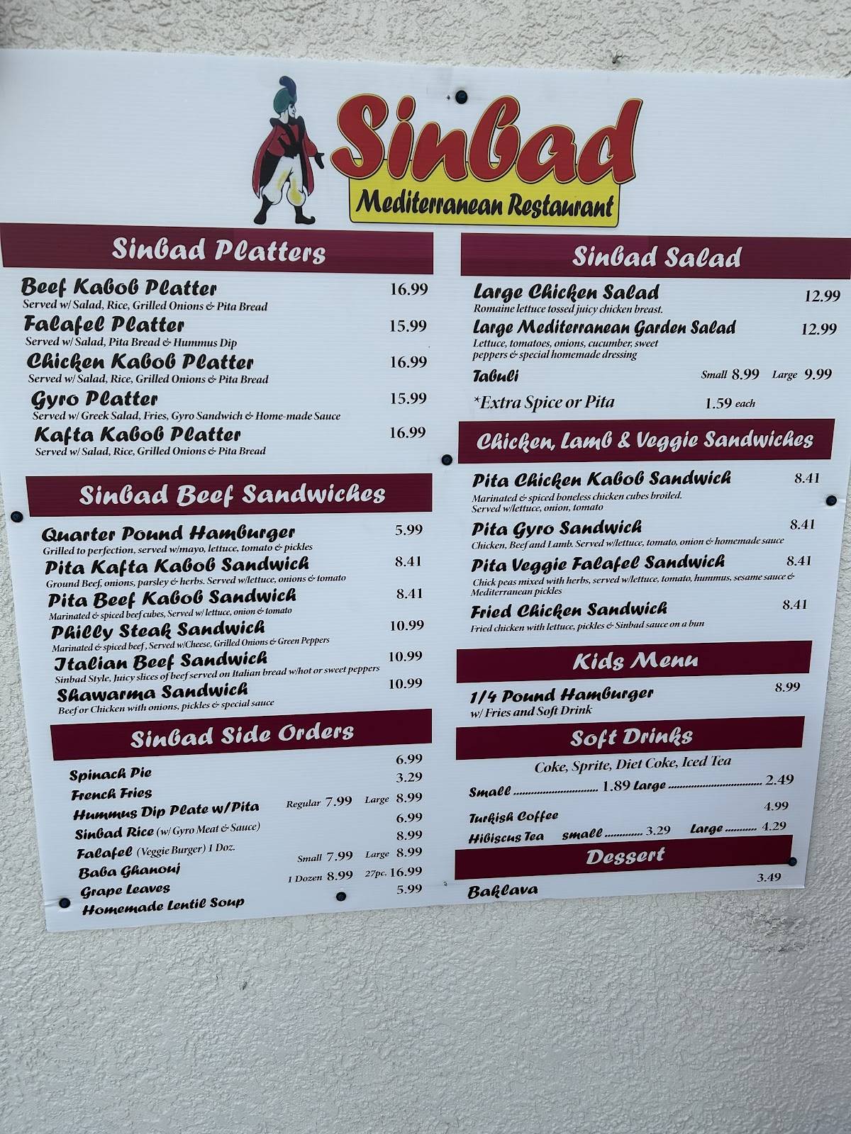 Menu at Sinbad's Fast Food, Merritt Island