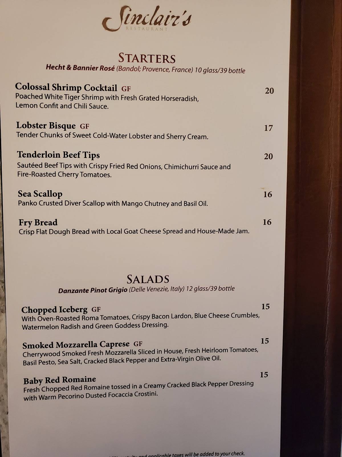 Menu at Sinclair's Restaurant, West Baden Springs, W Baden Ave
