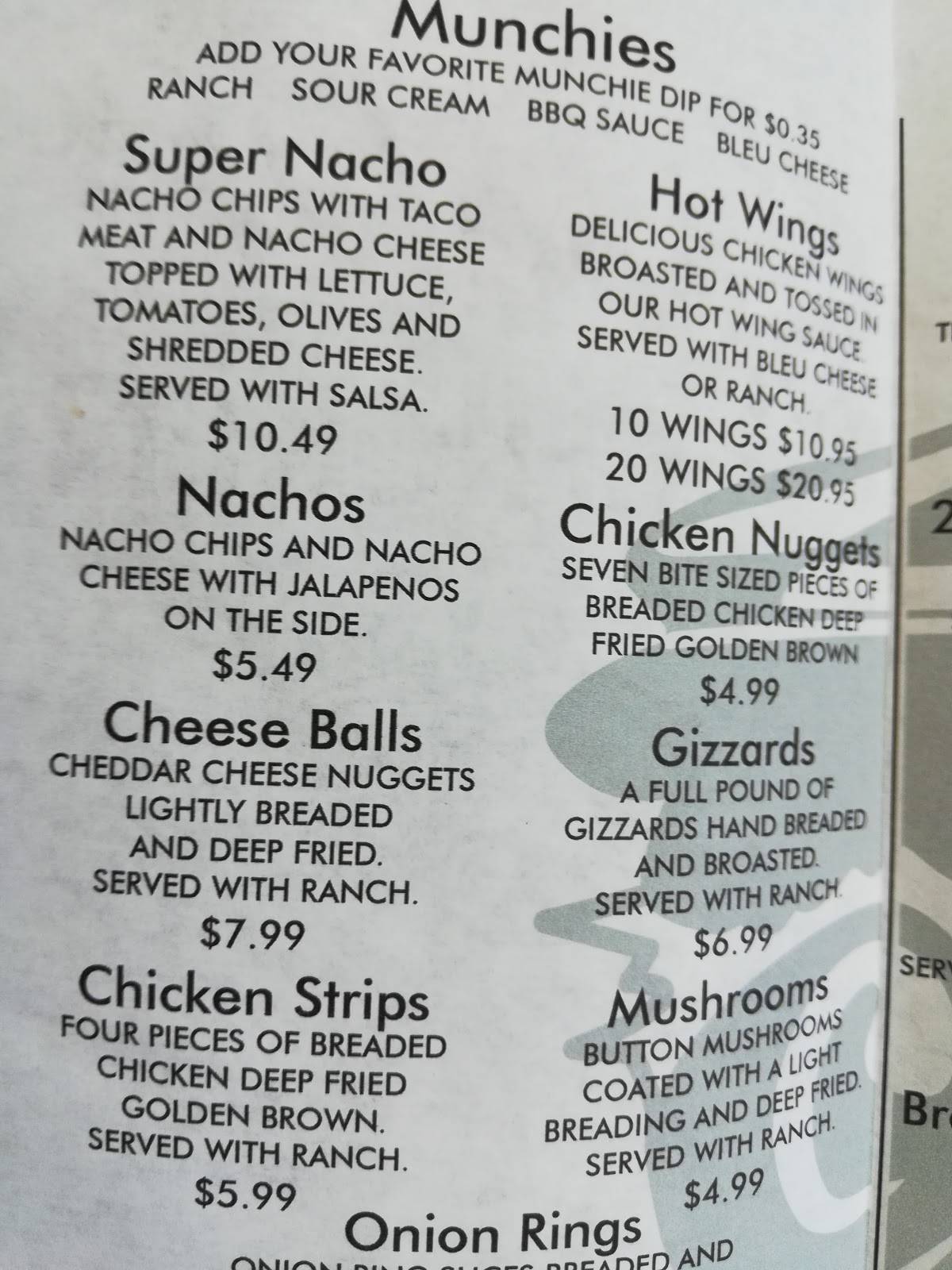Menu at Sneaky's Chicken restaurant, Sioux City