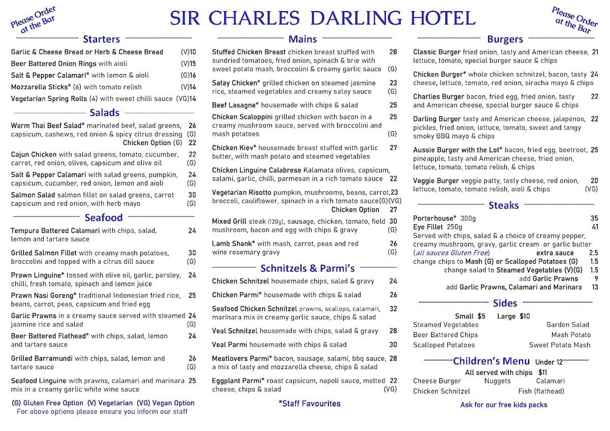 Menu at Sir Charles Darling Hotel restaurant, Geelong