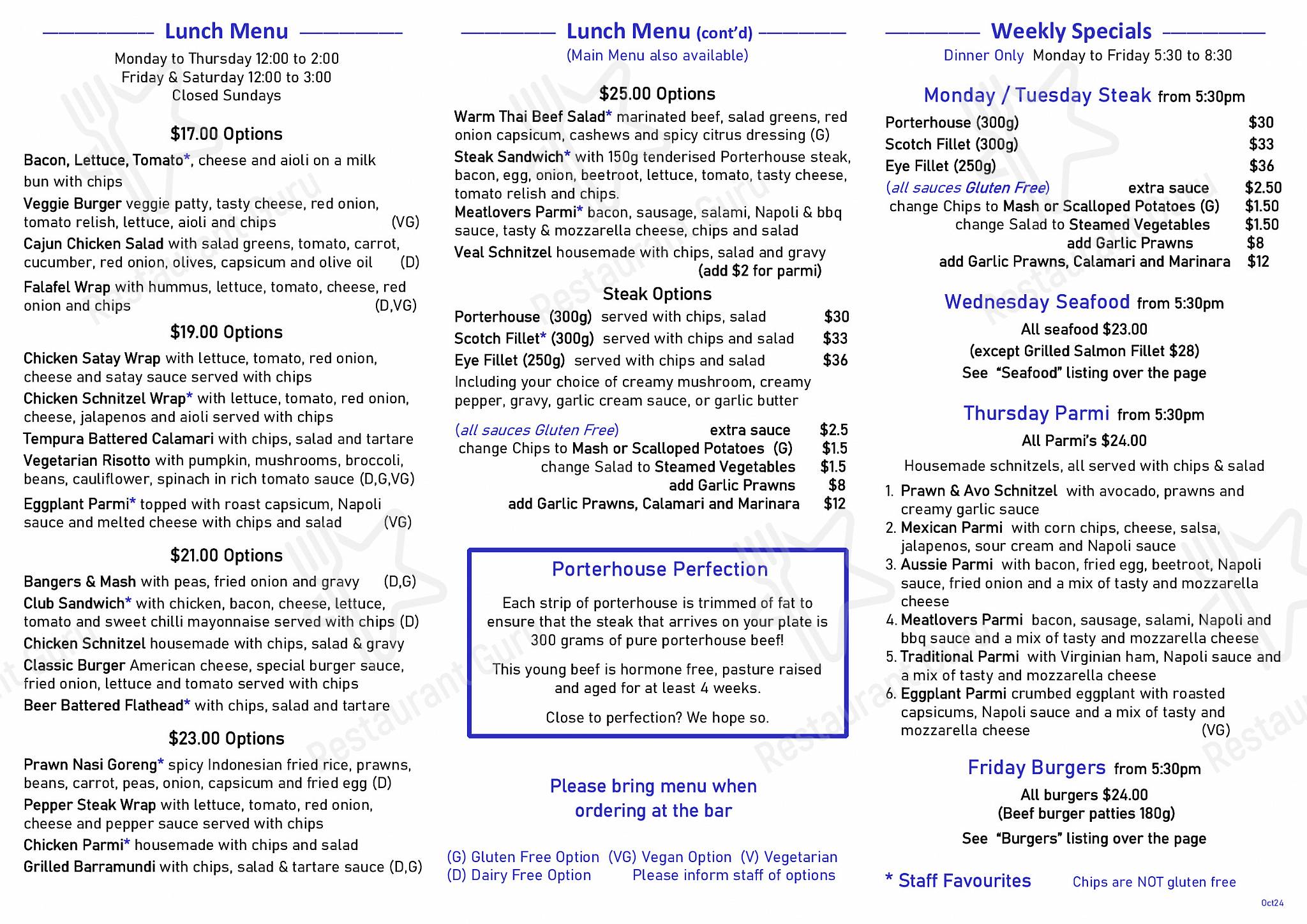 Menu at Sir Charles Darling Hotel restaurant, Geelong