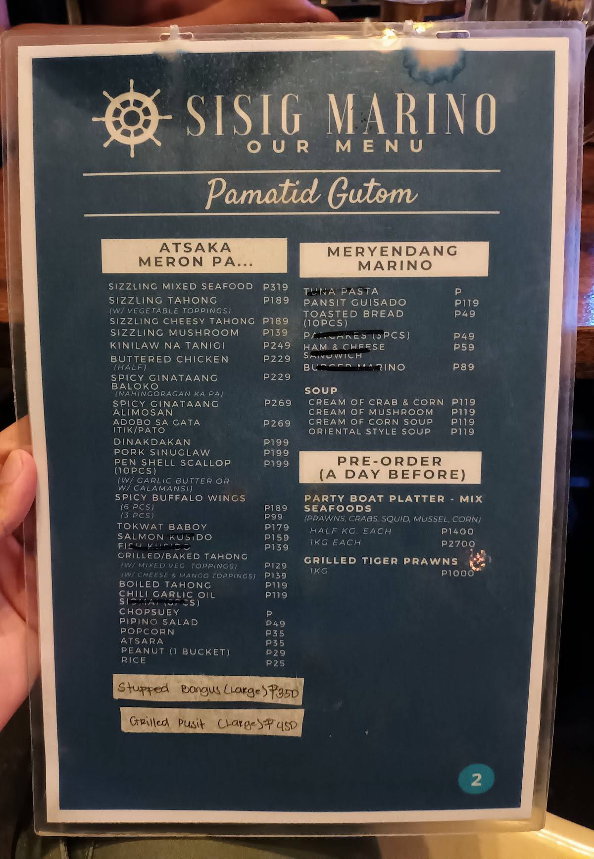 Menu at Sisig ni Kap restaurant, Sorsogon City