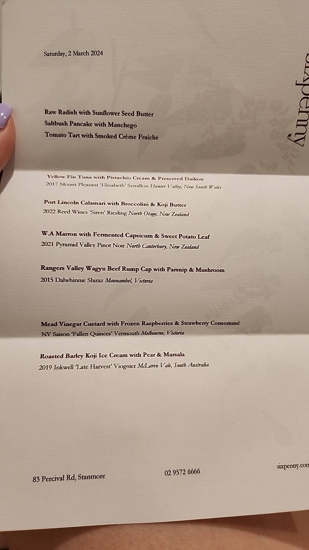 Menu at Sixpenny restaurant, Stanmore