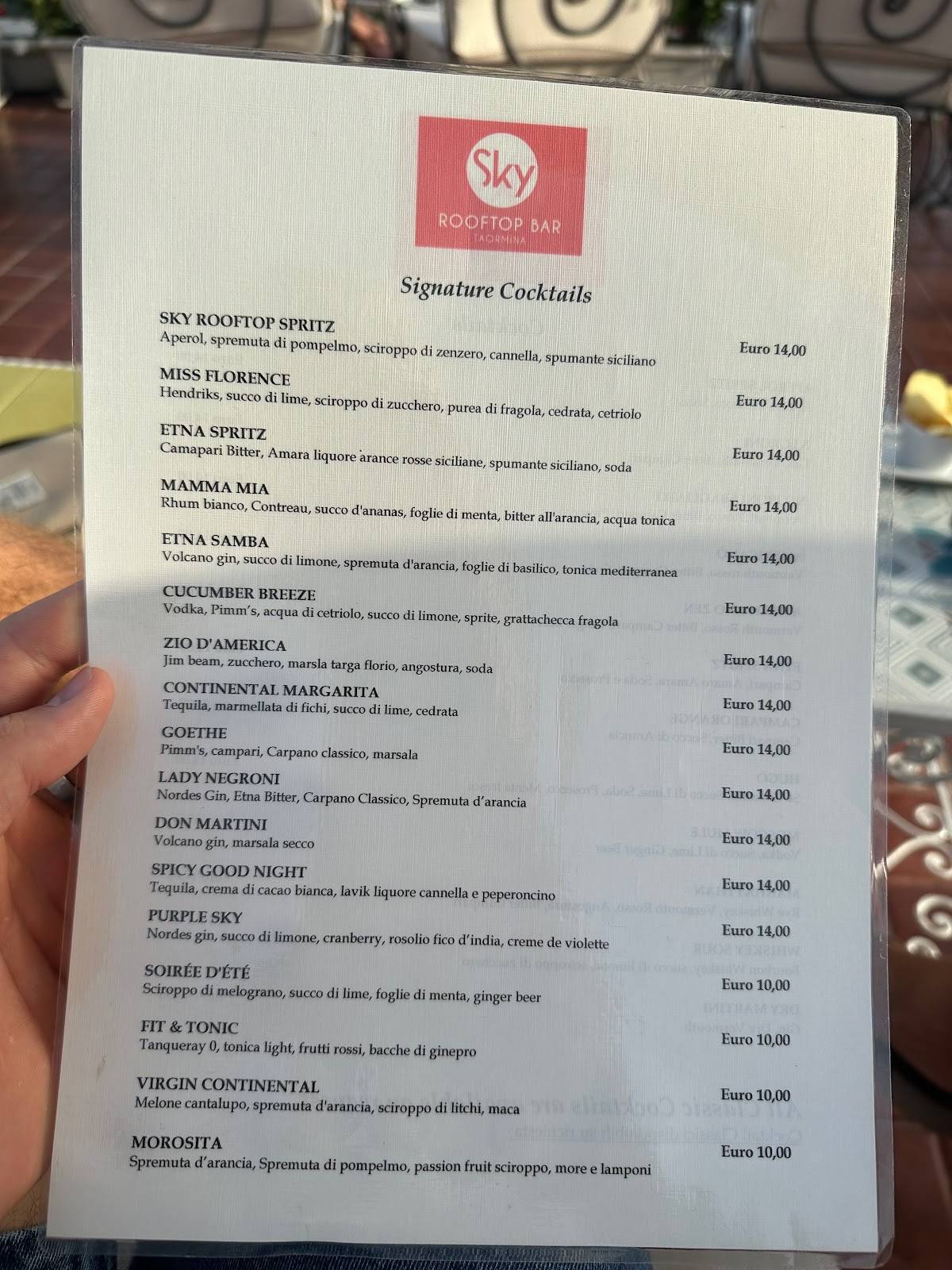 Menu da Sky Rooftop Bar & Restaurant Taormina, Taormina