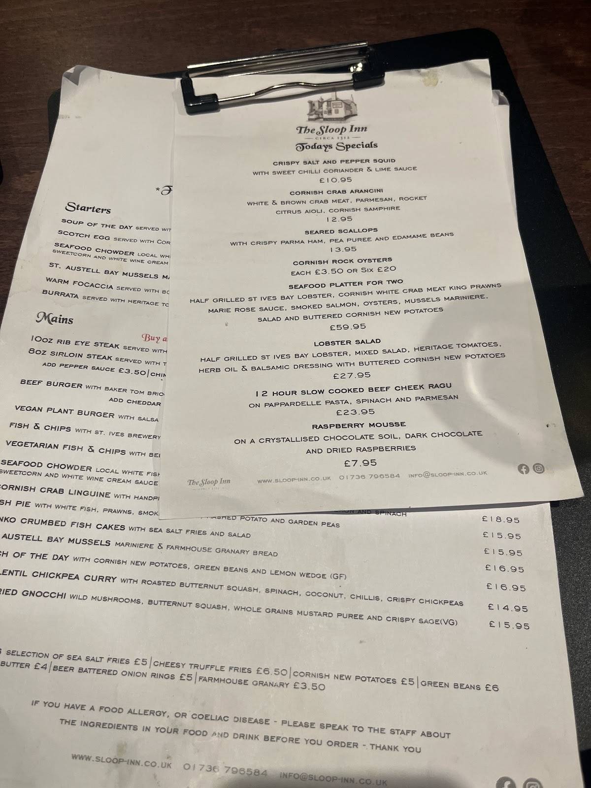 Menu at Sloop Inn pub & bar, Saint Ives