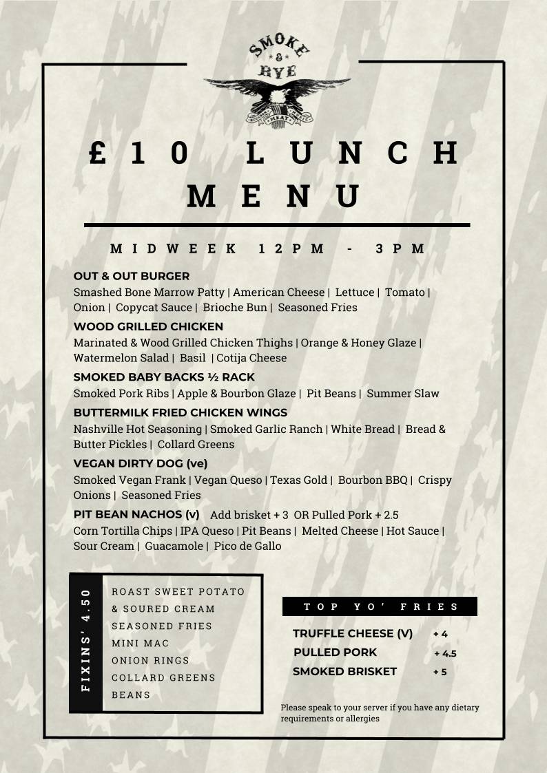 Menu at Smoke & Rye restaurant, Stone