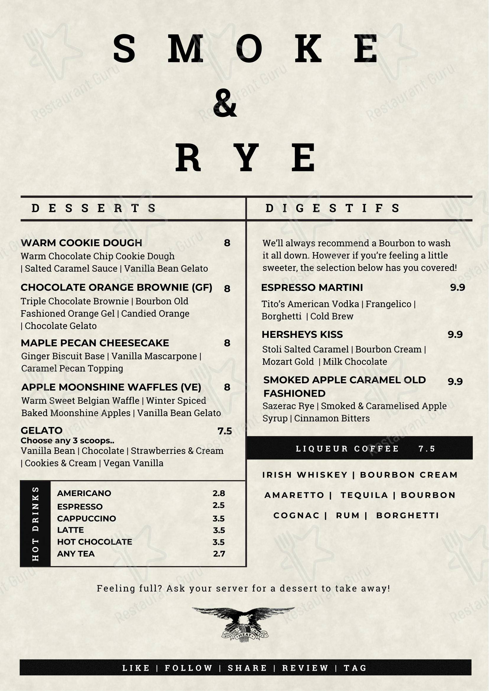 Menu at Smoke & Rye restaurant, Stone