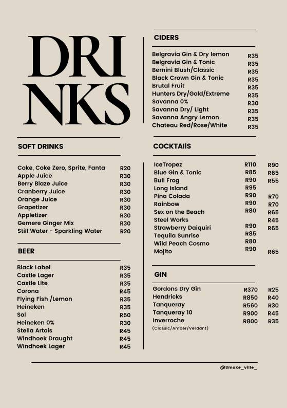 Menu at Smokeville restaurant, Soweto, 881 Motlana St