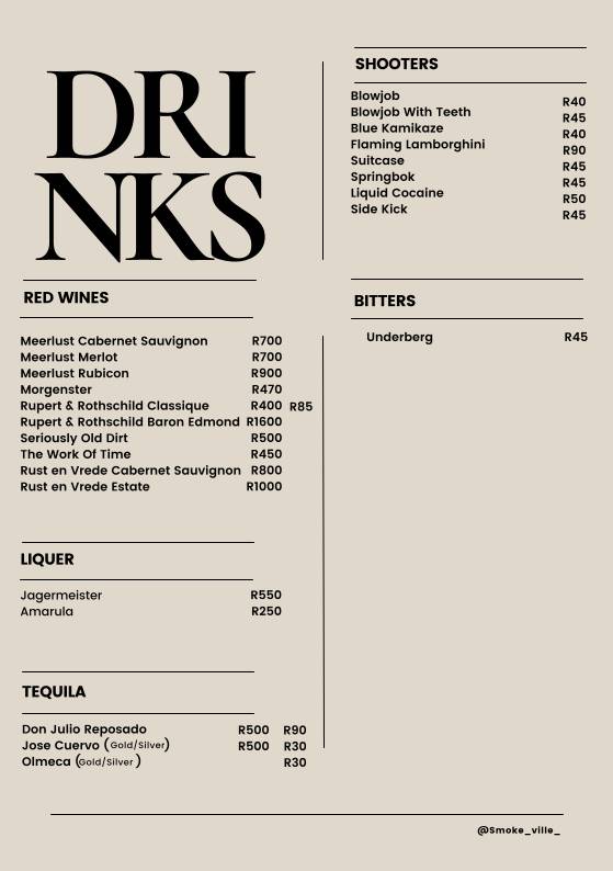 Menu at Smokeville restaurant, Soweto, 881 Motlana St