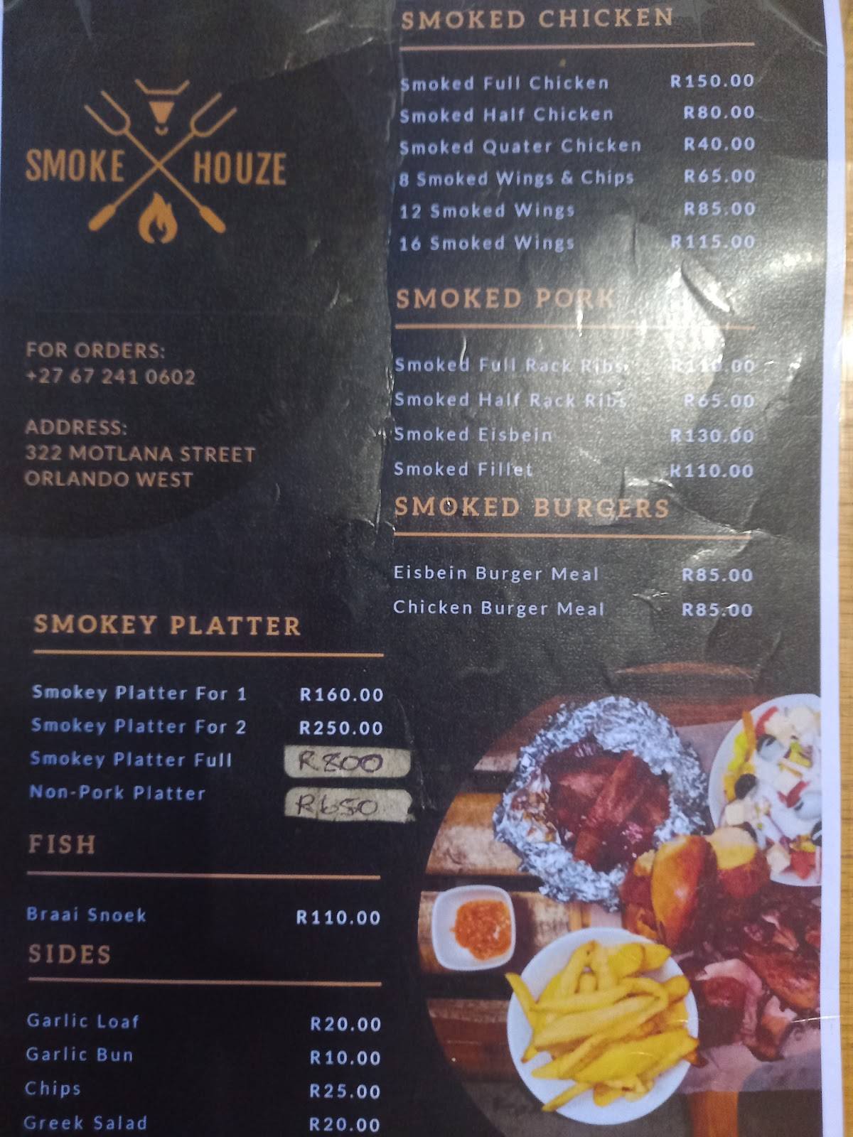 Menu at Smokeville restaurant, Soweto, 881 Motlana St