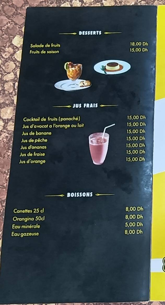 Menu au Snack Beverly restaurant, Casablanca