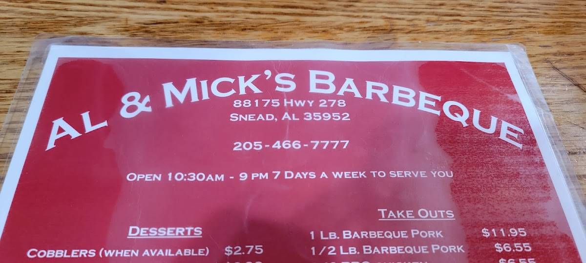 Menu at Al & Mick's Barbeque, Snead