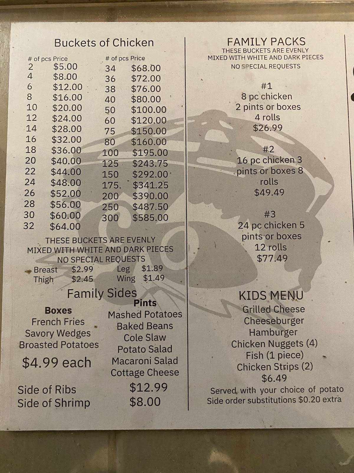 Menu at Sneaky's Chicken restaurant, Sioux City