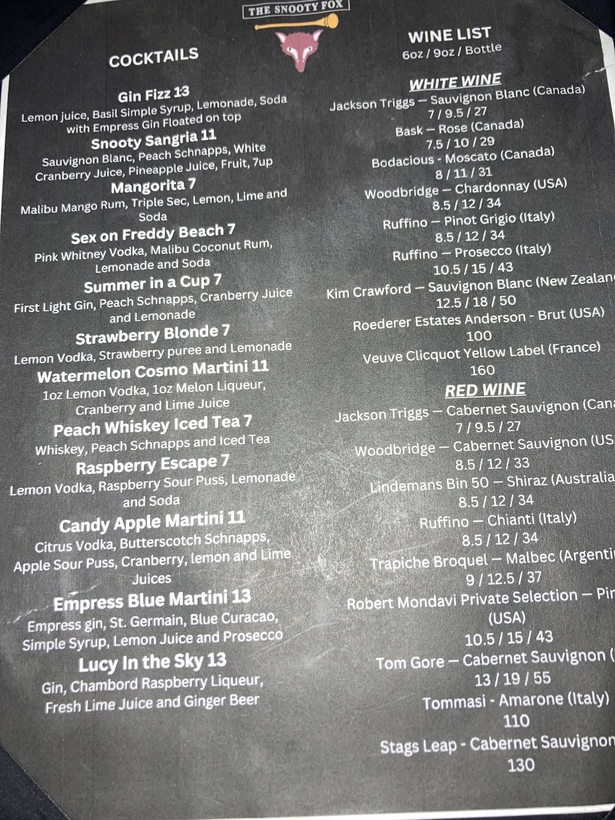Menu at Snooty Fox pub & bar, Fredericton