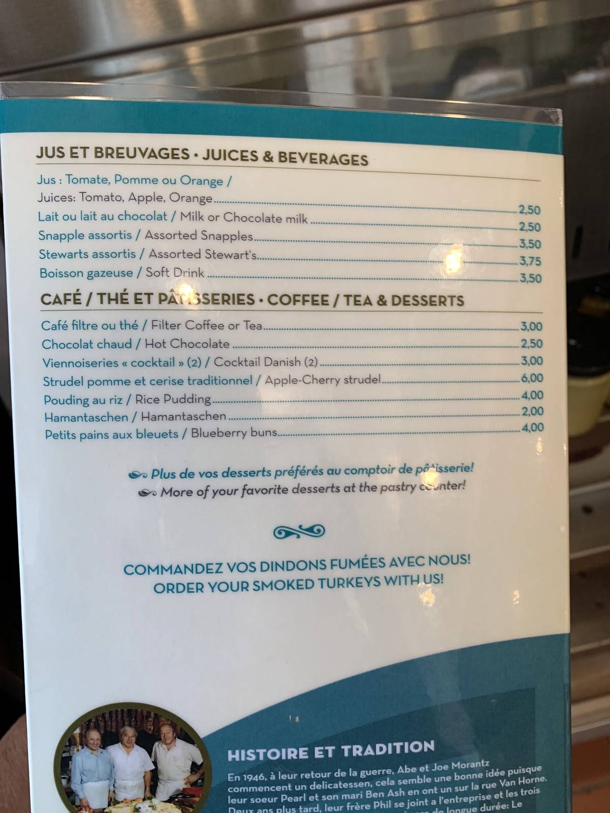 Menu at Snowdon Deli restaurant, Montréal