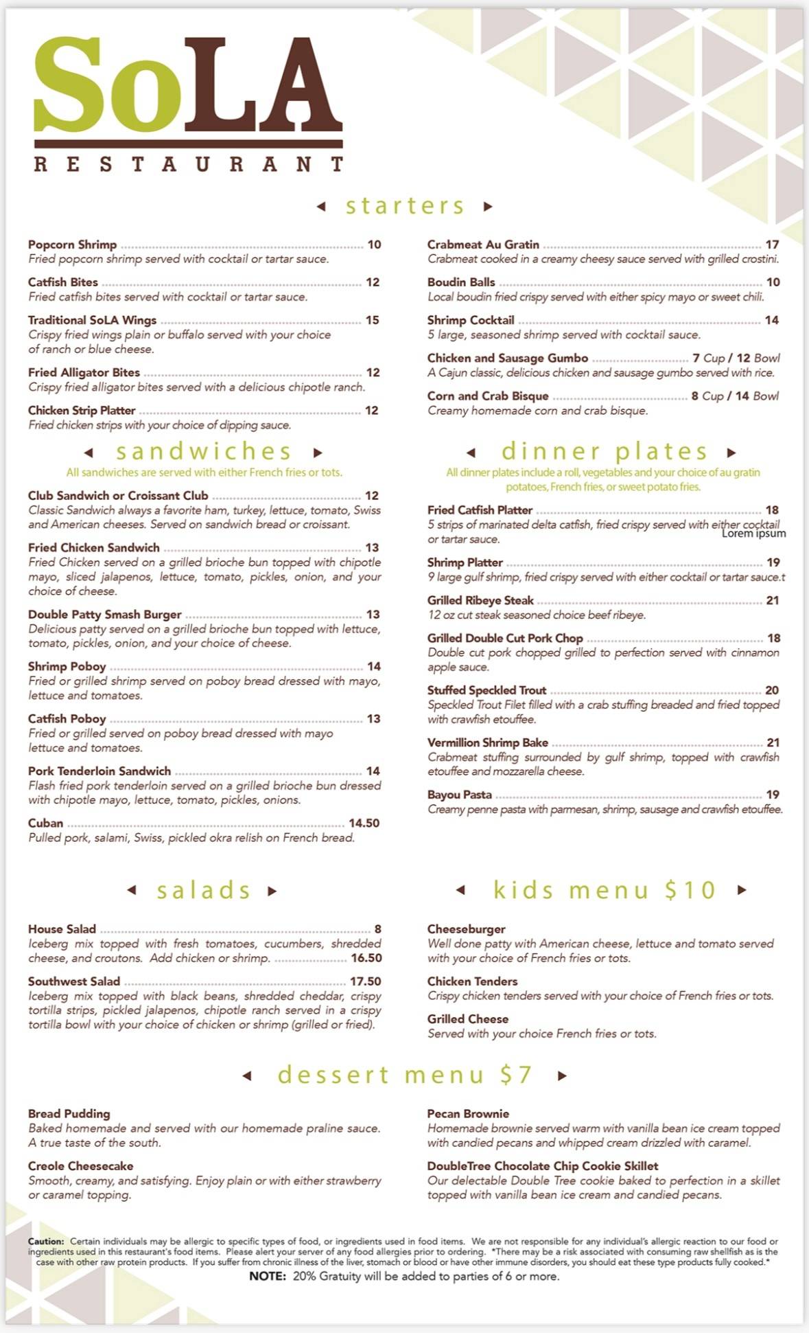 Menu at SoLA restaurant, Lafayette
