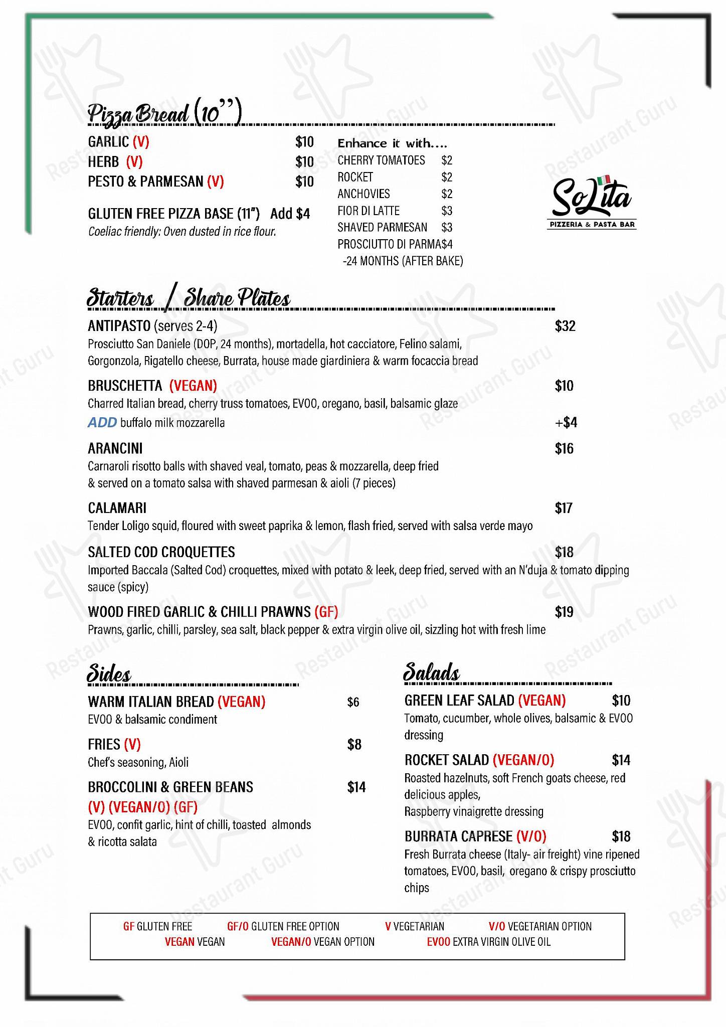 Menu at SoLita Pizzeria, Restaurant & Bar, Canberra