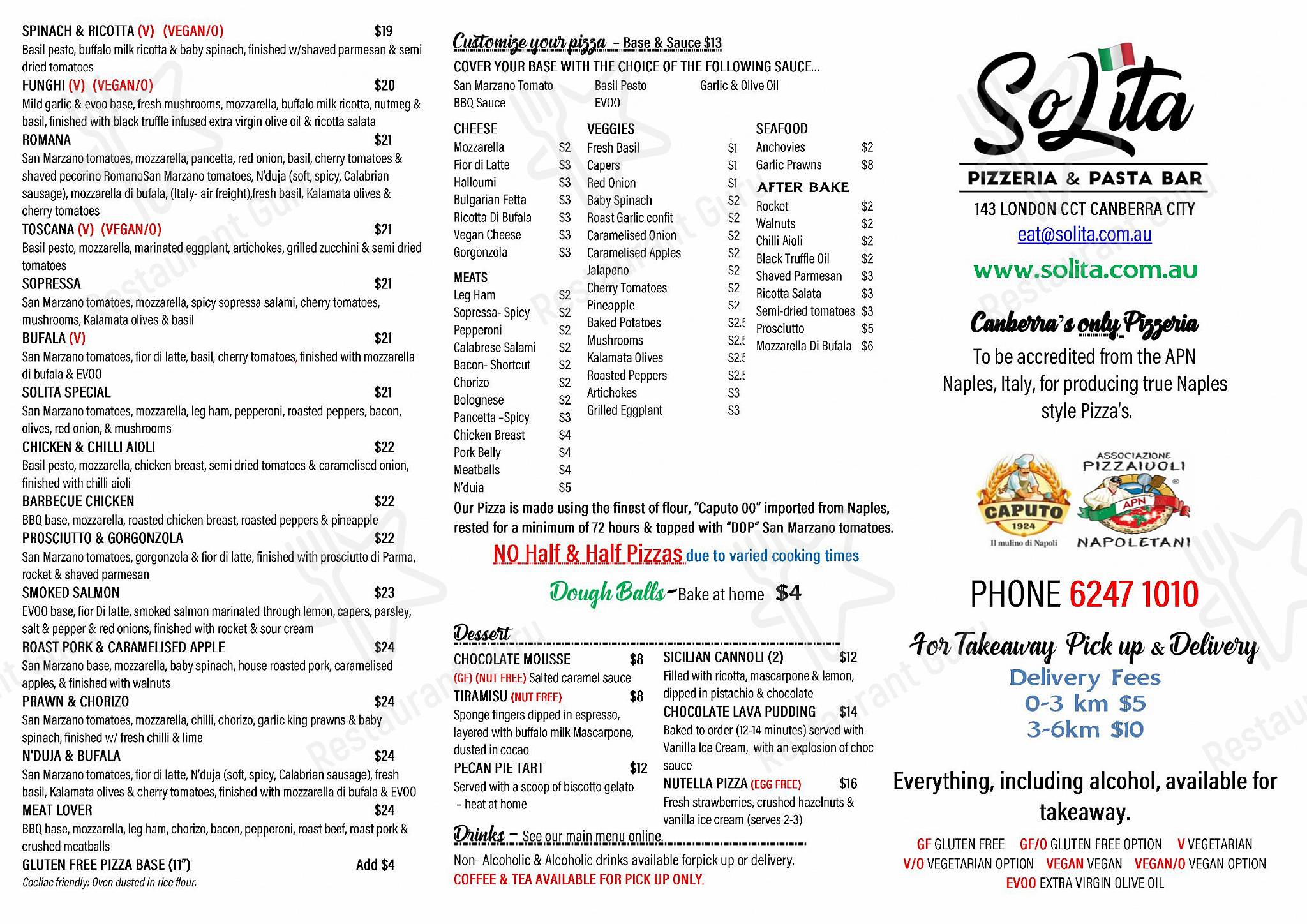 Menu at SoLita Pizzeria, Restaurant & Bar, Canberra
