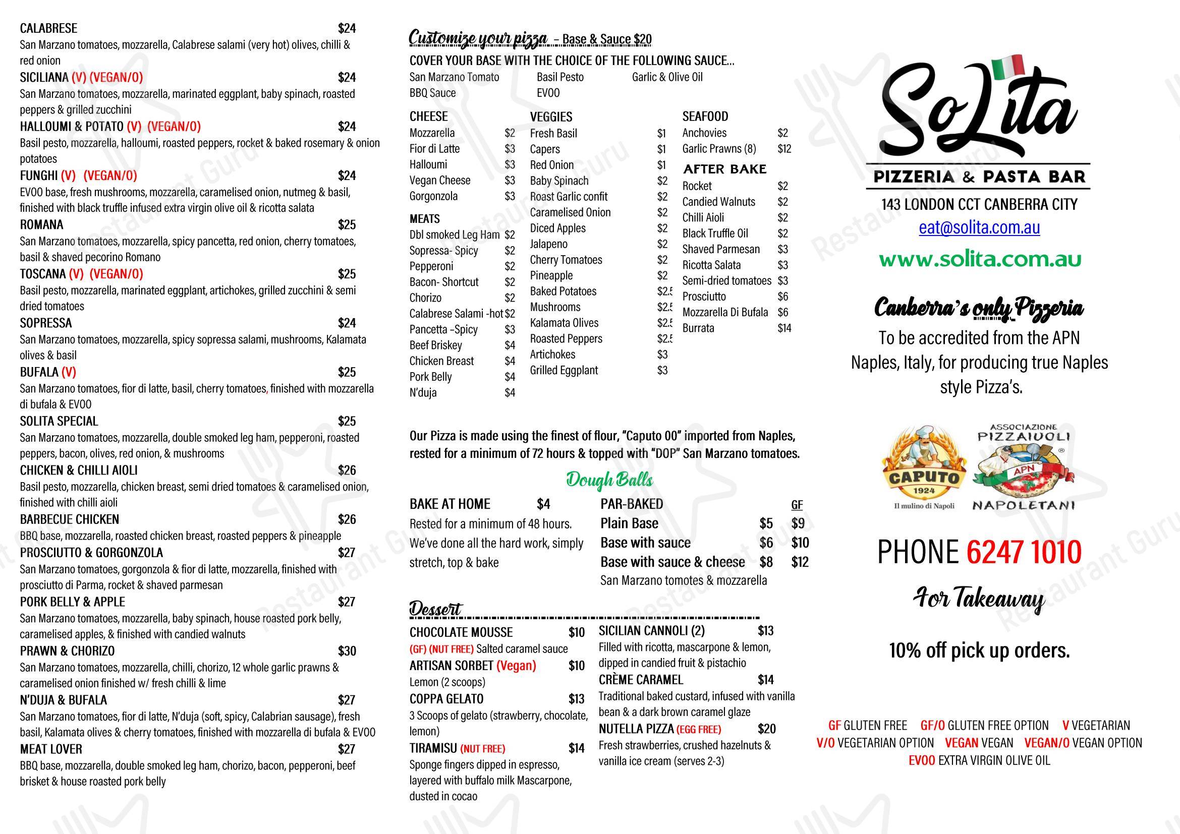 Menu at SoLita Pizzeria, Restaurant & Bar, Canberra