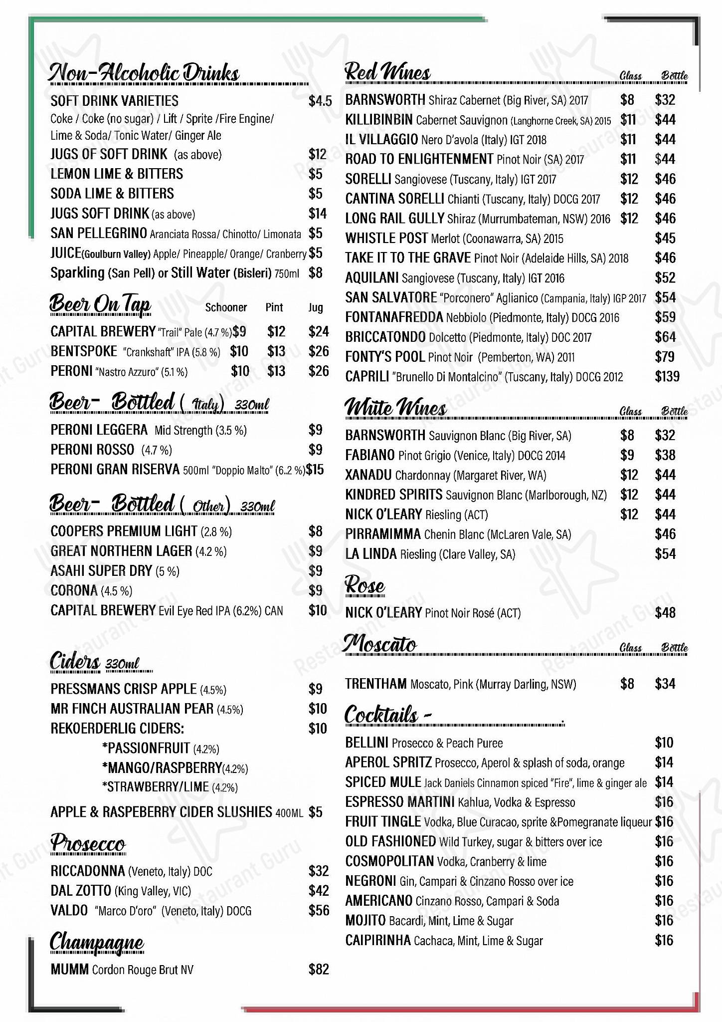 Menu at SoLita Pizzeria, Restaurant & Bar, Canberra