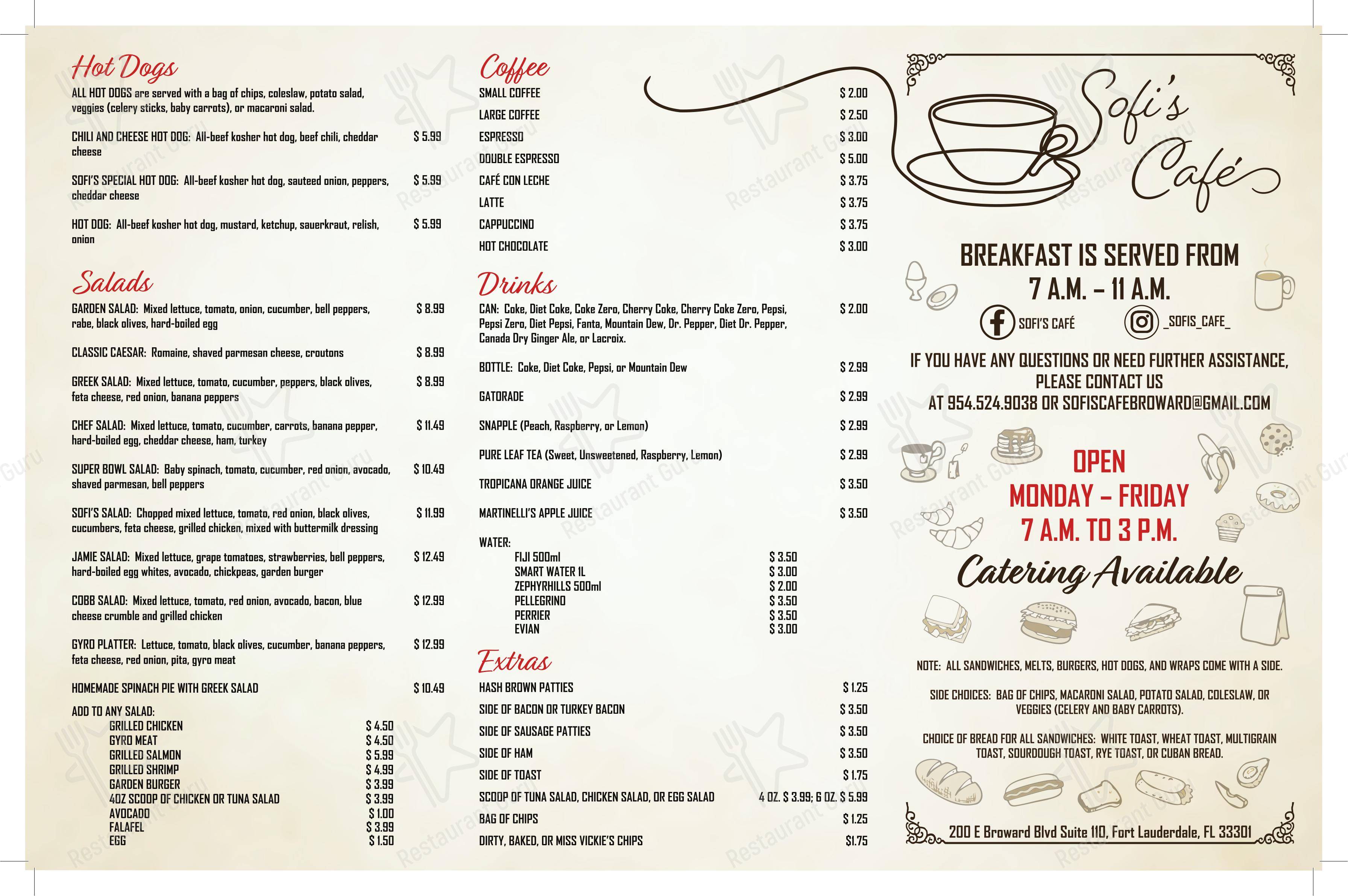 Menu at Sofi's Cafe, Fort Lauderdale