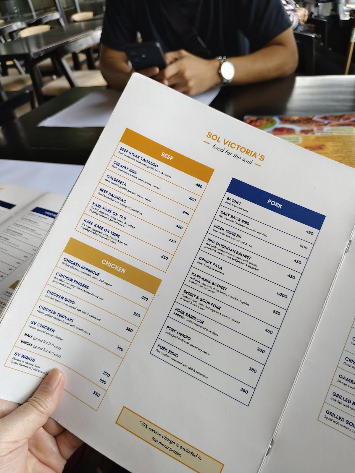 Menu at Sol Victoria's restaurant, Tagaytay