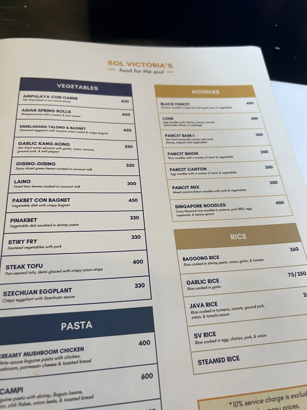 Menu at Sol Victoria's restaurant, Tagaytay