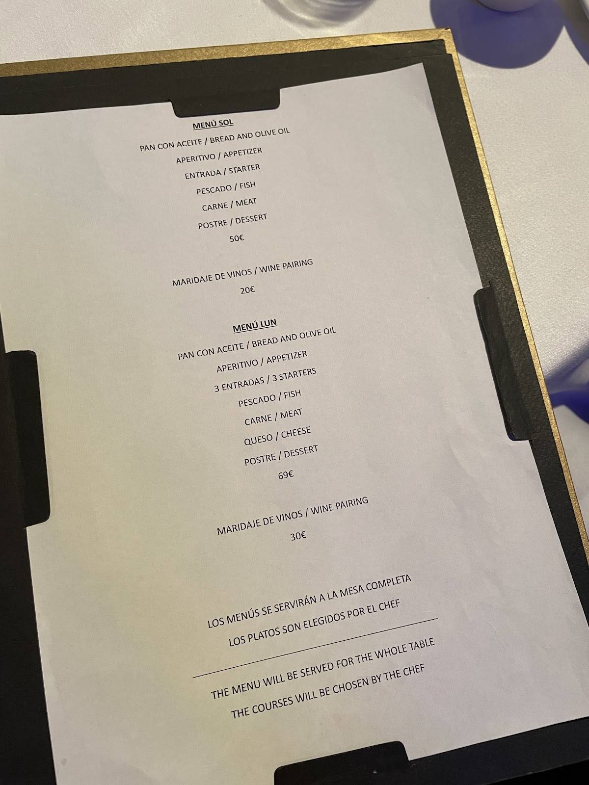 Menu at Sollun restaurant, Nerja, C. Pintada