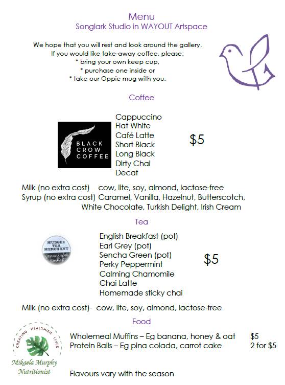 Menu at Songlark Studio Cafe, Kandos