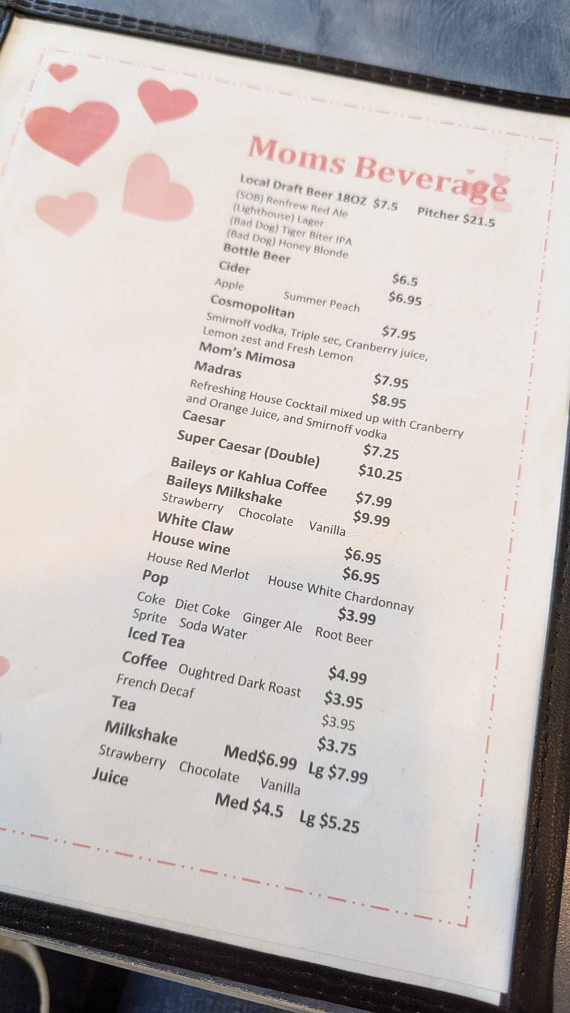 Menu at Mom's Cafe, Sooke