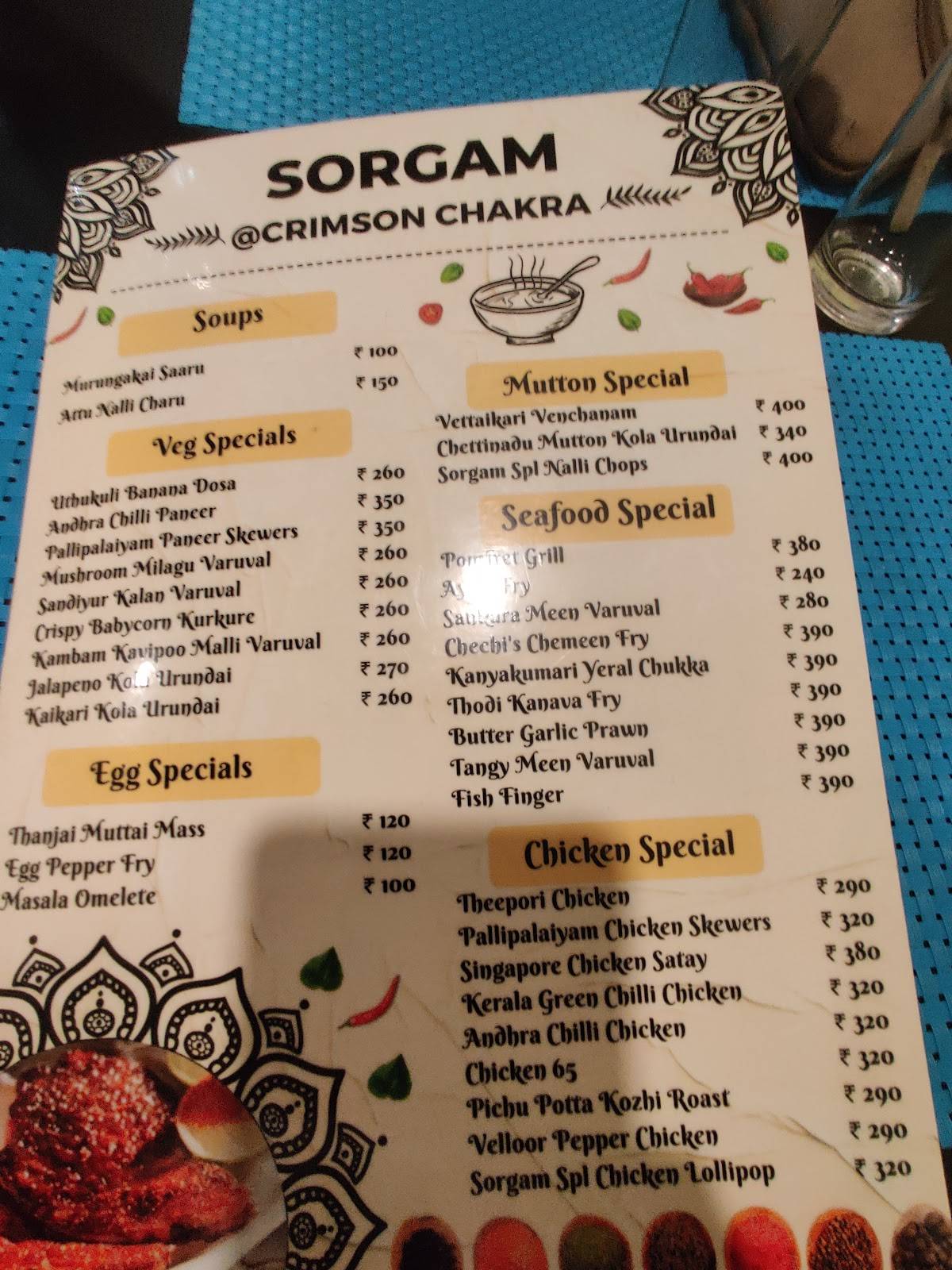 Menu at Sorgam @ Crimson Chakra, Chennai, #13