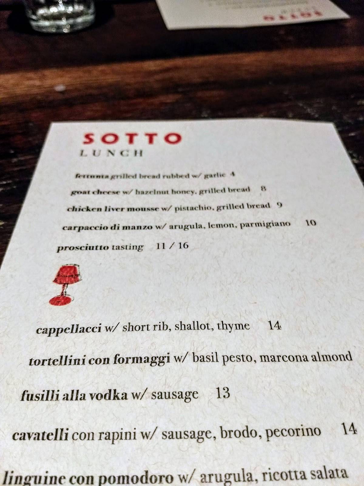 Menu at Sotto restaurant, Cincinnati