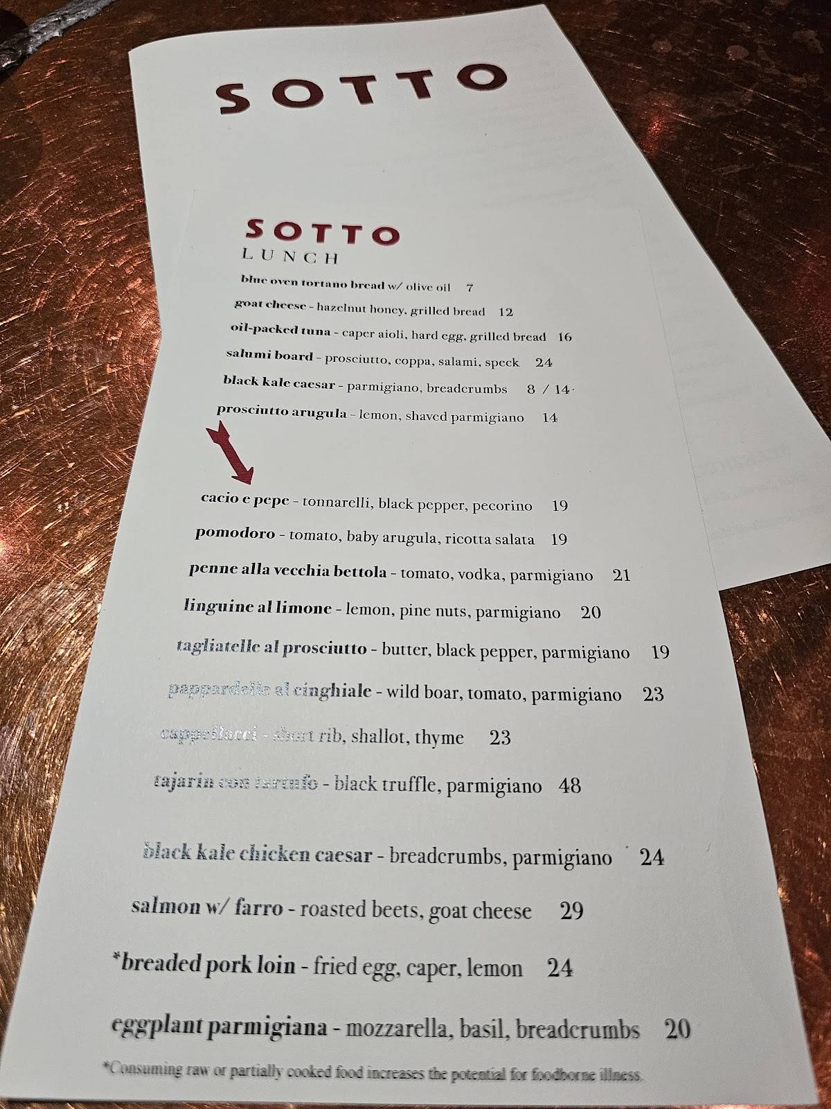 Menu at Sotto restaurant, Cincinnati