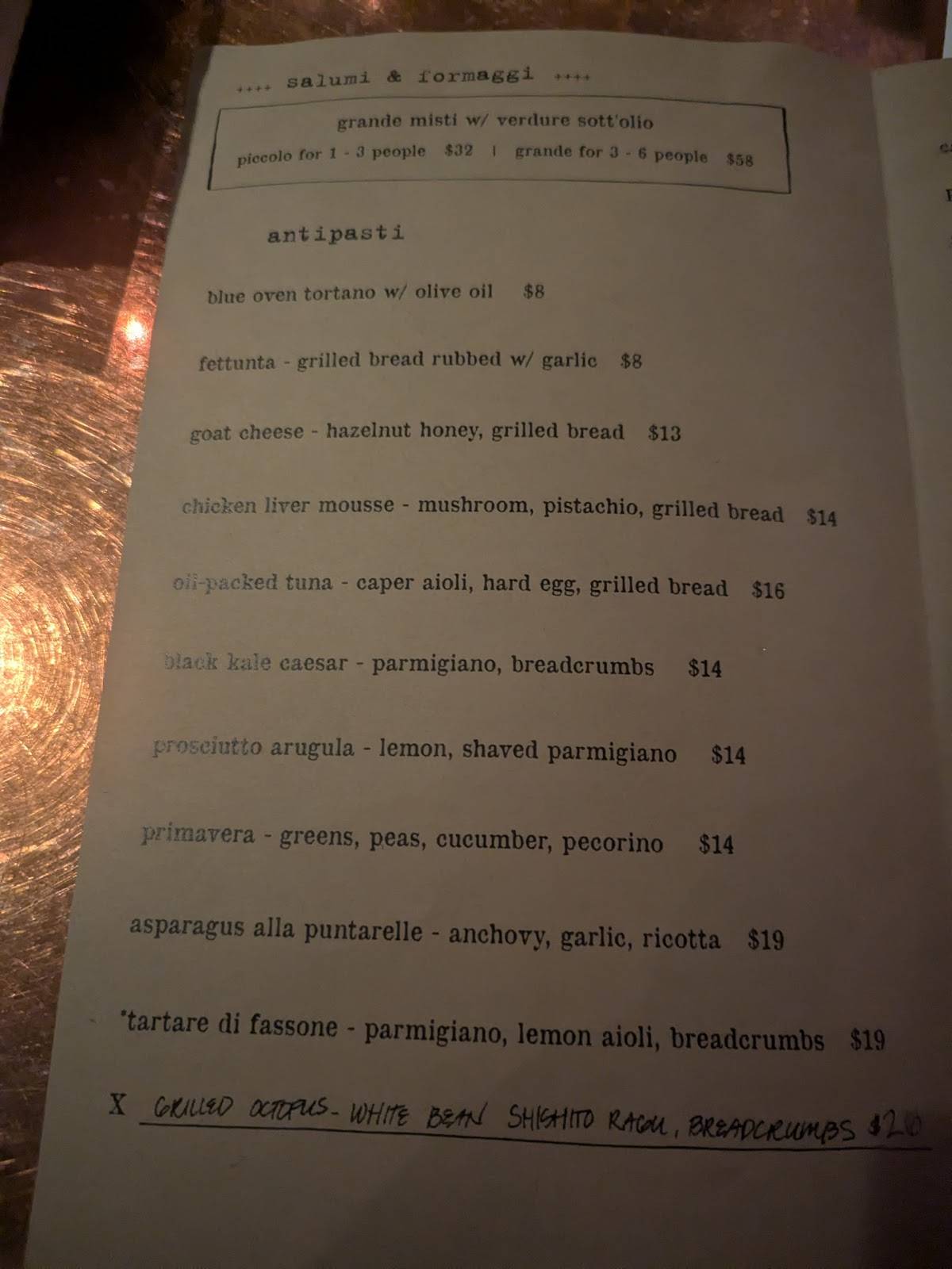 Menu at Sotto restaurant, Cincinnati