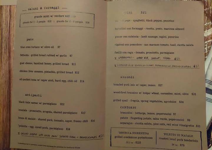 Menu at Sotto restaurant, Cincinnati