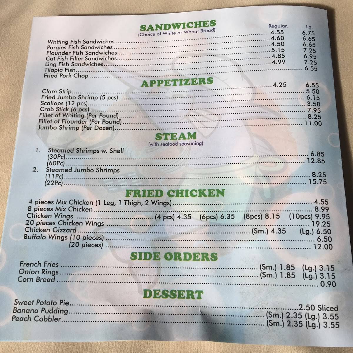Menu at Soul Boat restaurant, Philadelphia, Dickinson St