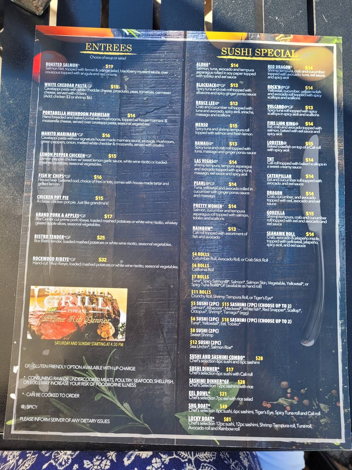 Menu at South Hill Grill restaurant, Spokane, E 57th Ave