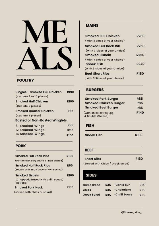 Menu at Smokeville restaurant, Soweto, 881 Motlana St