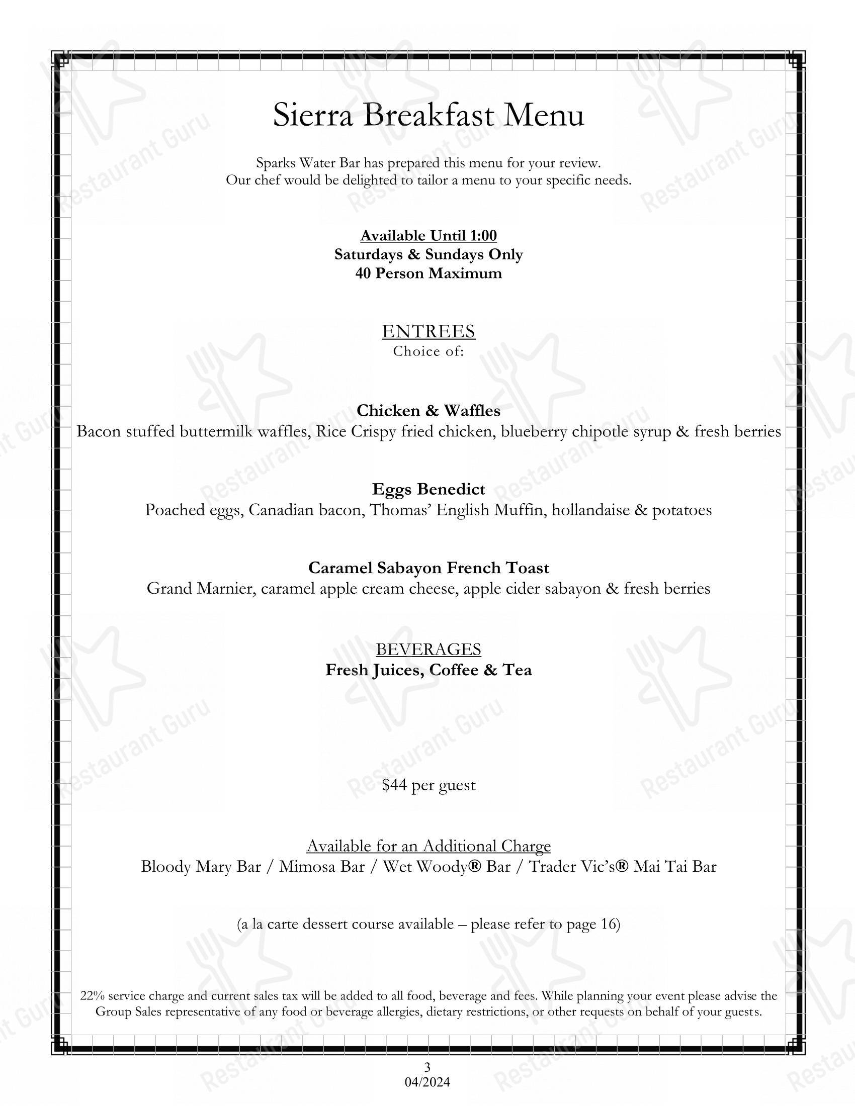 Menu at Sparks Water Bar, Sparks