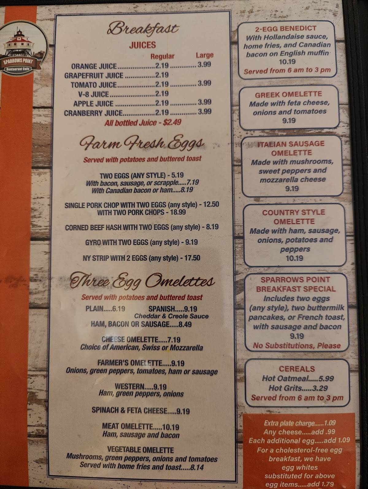 Menu at Sparrows Point Restaurant, Sparrows Point